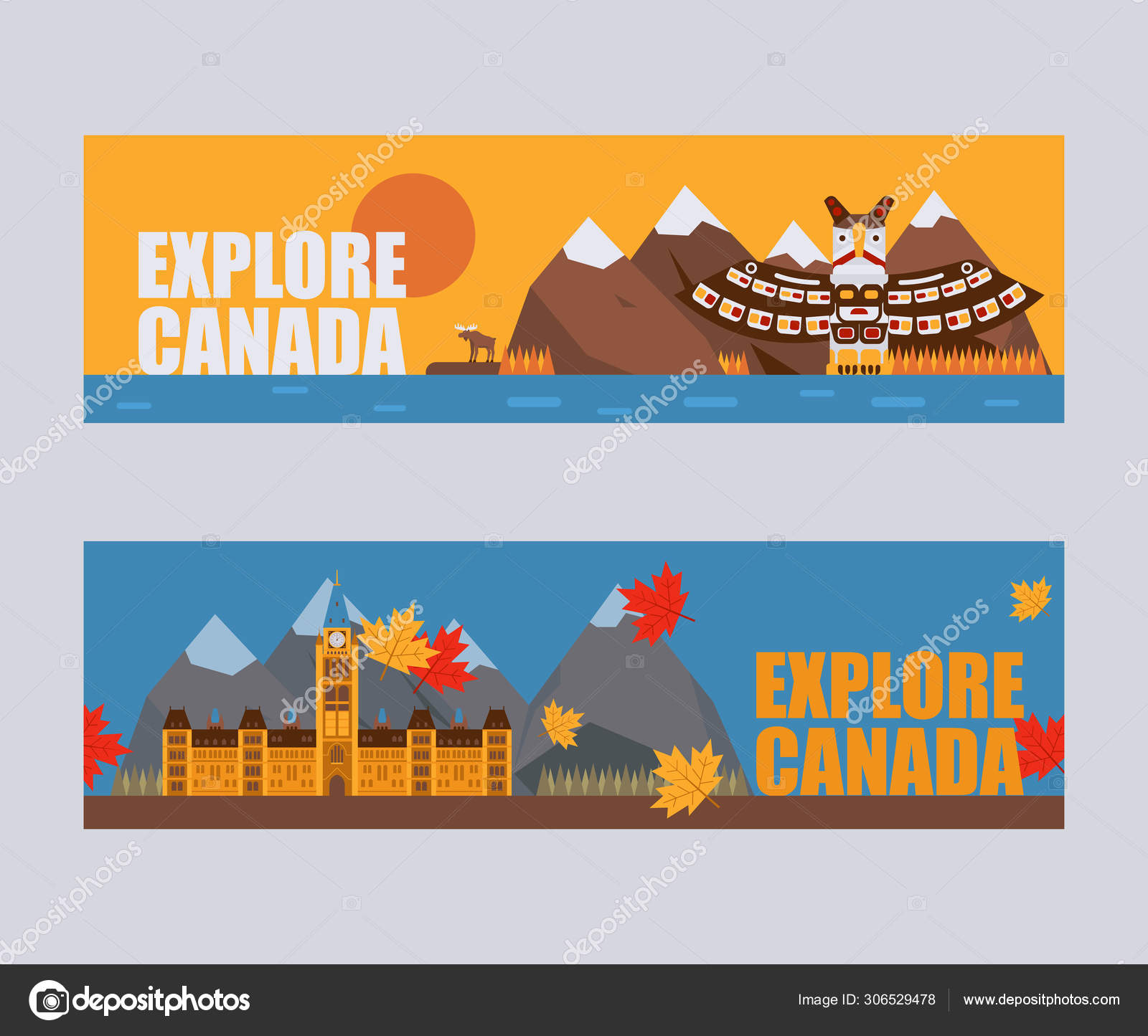 Canadian symbols and landmarks, vector illustration. Flat style banners ...