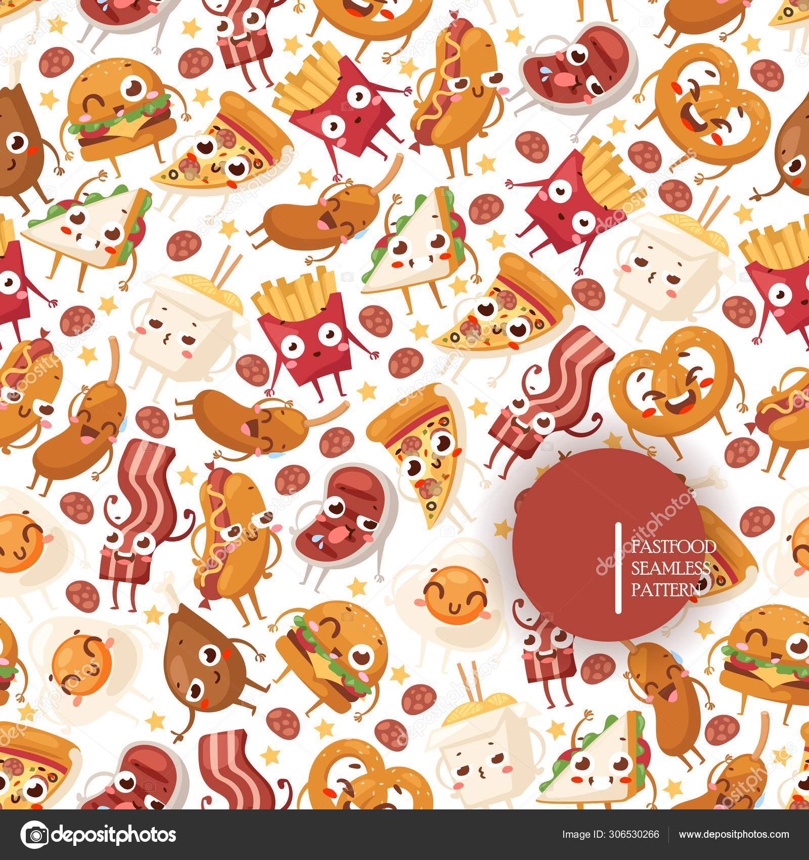 Fast food funny cartoon characters, vector illustration. Seamless ...