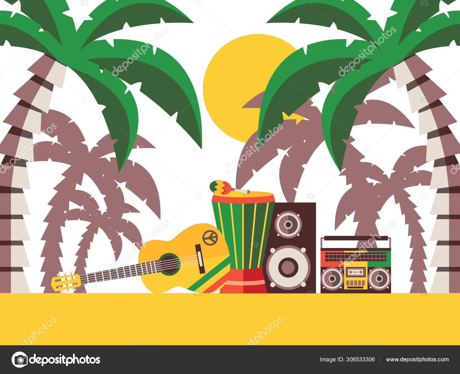 Reggae music beach party, vector illustration. Musical instruments on ...