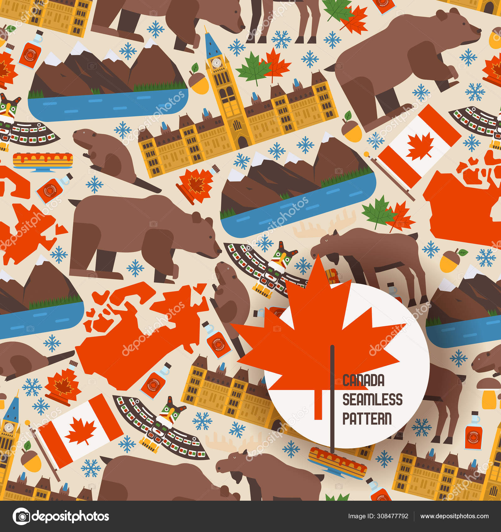 Canadian symbols and main landmarks, vector illustration. Seamless ...
