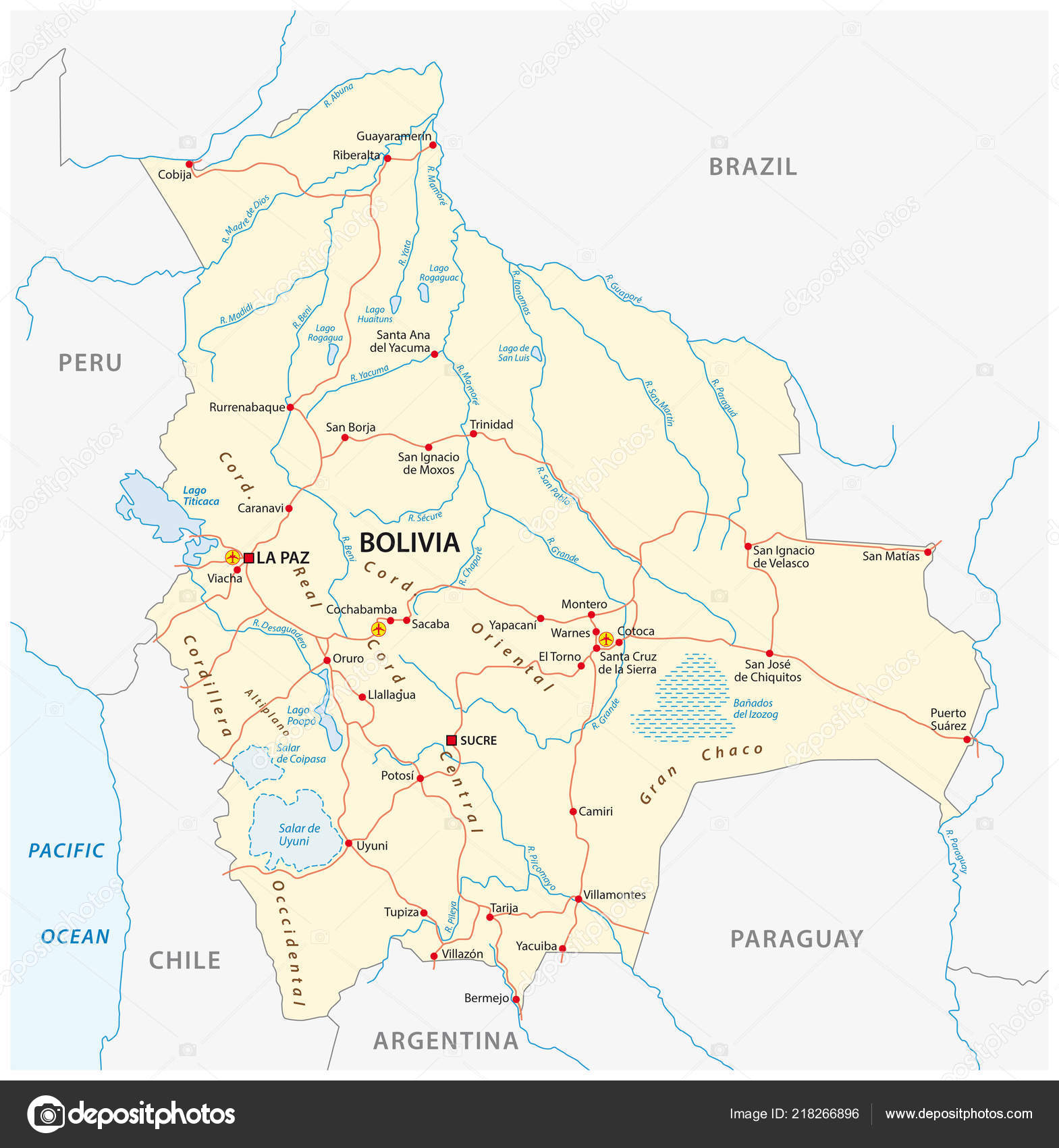 Mapa Vectorial Bolivia Con Las Principales Ciudades Carreteras Vector ...