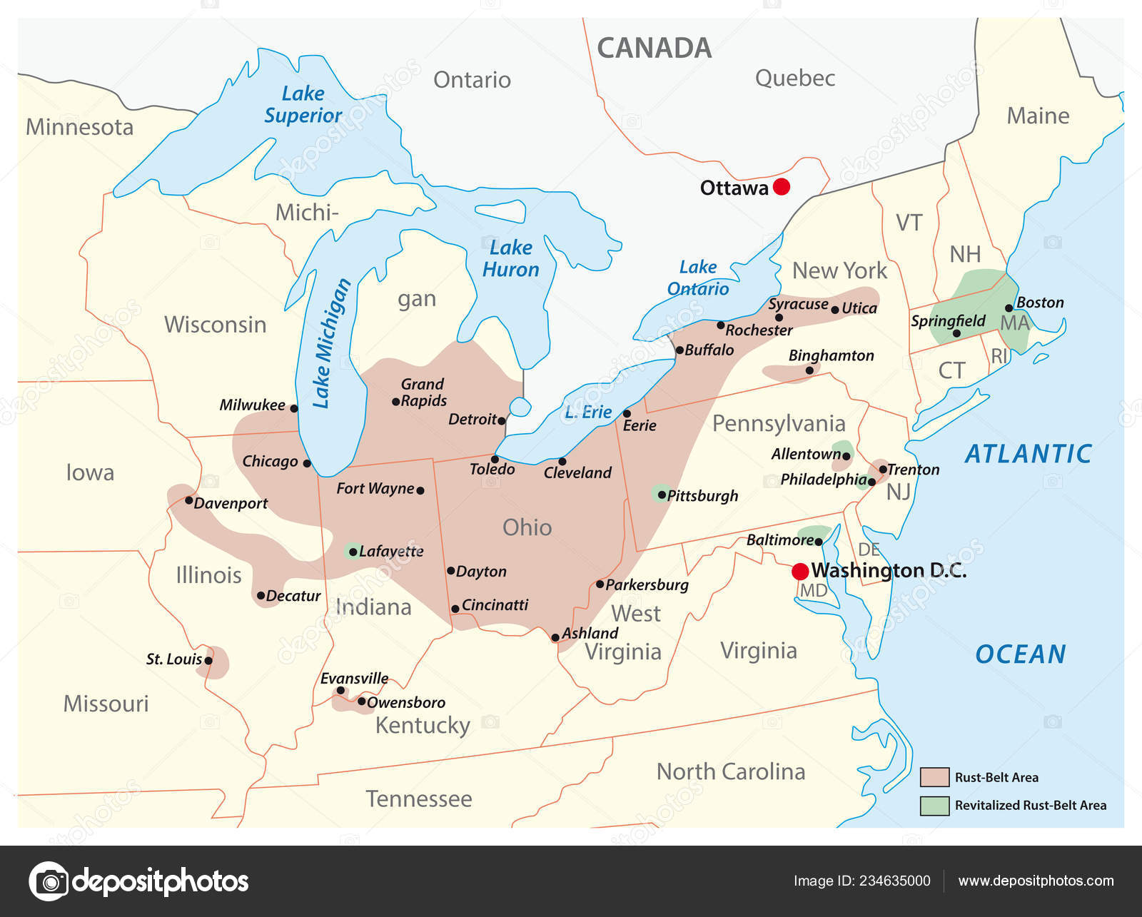 Map Region Rust Belt United States America Stock Vector Image by ...