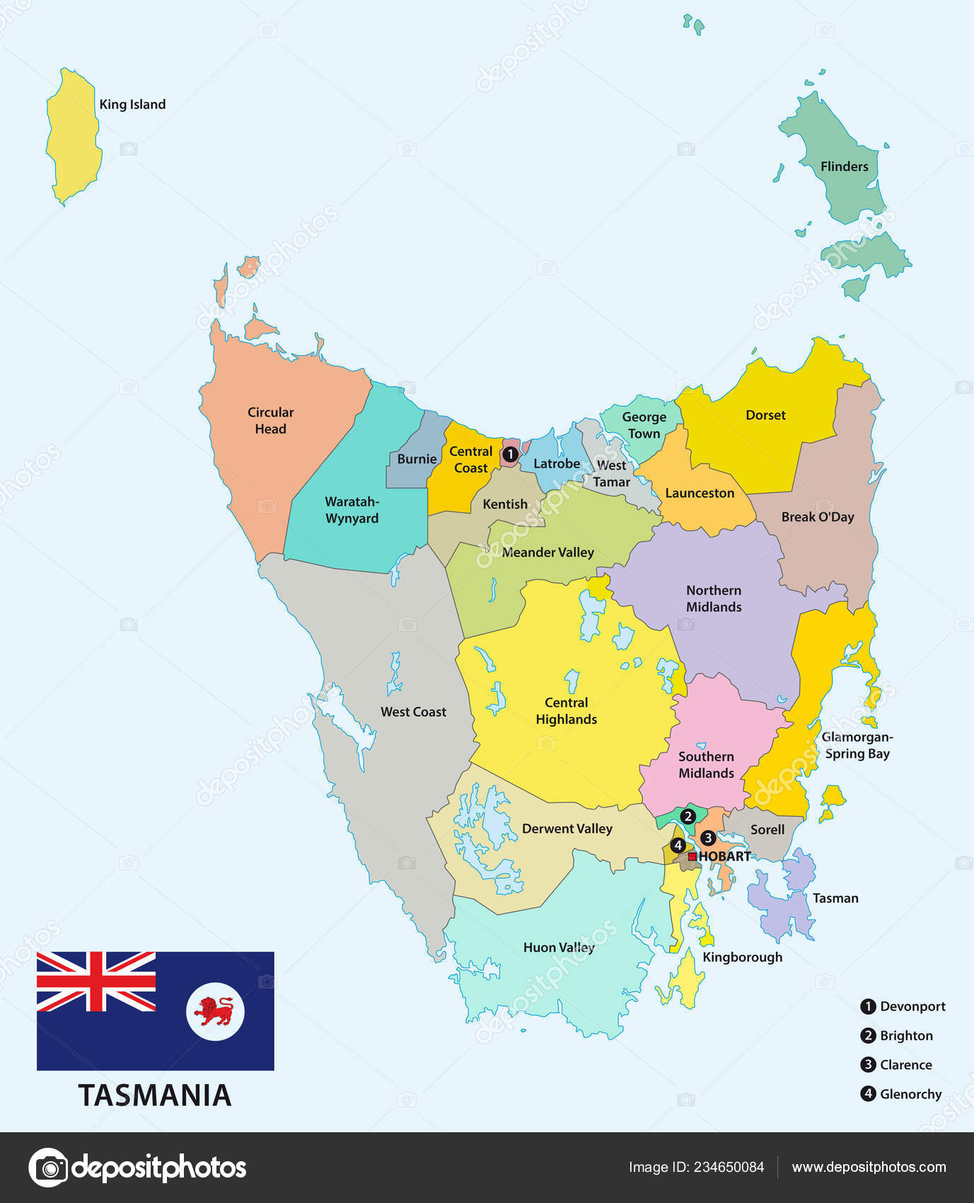 Administrative Political Map Local Government Areas Tasmania Flag ...