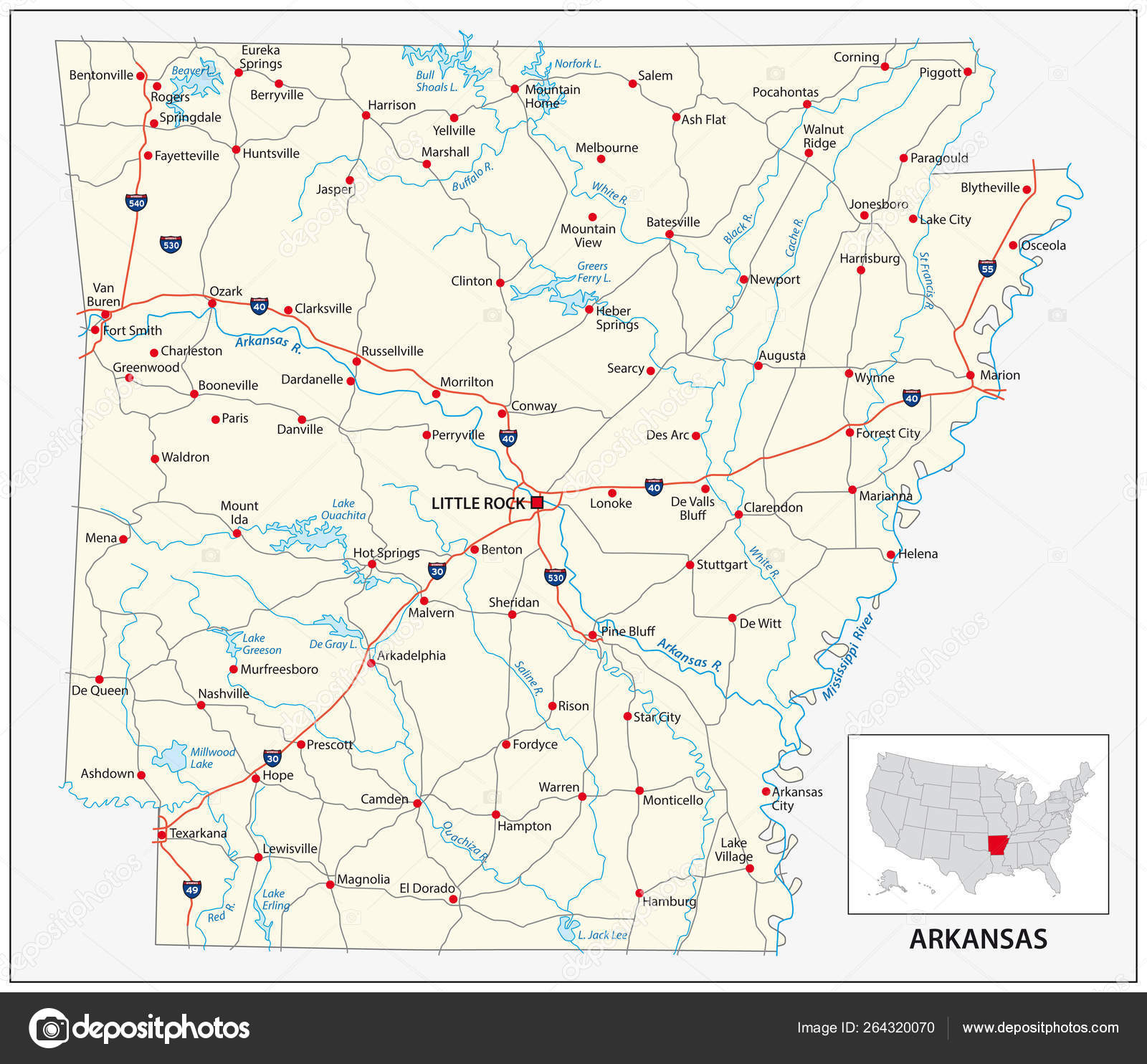 Road map of the US American State of Arkansas Stock Illustration by ...