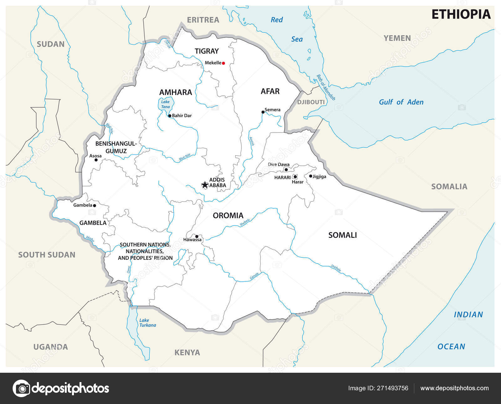Etiópia mapa administrativo e político imagem vetorial de Lesniewski ...