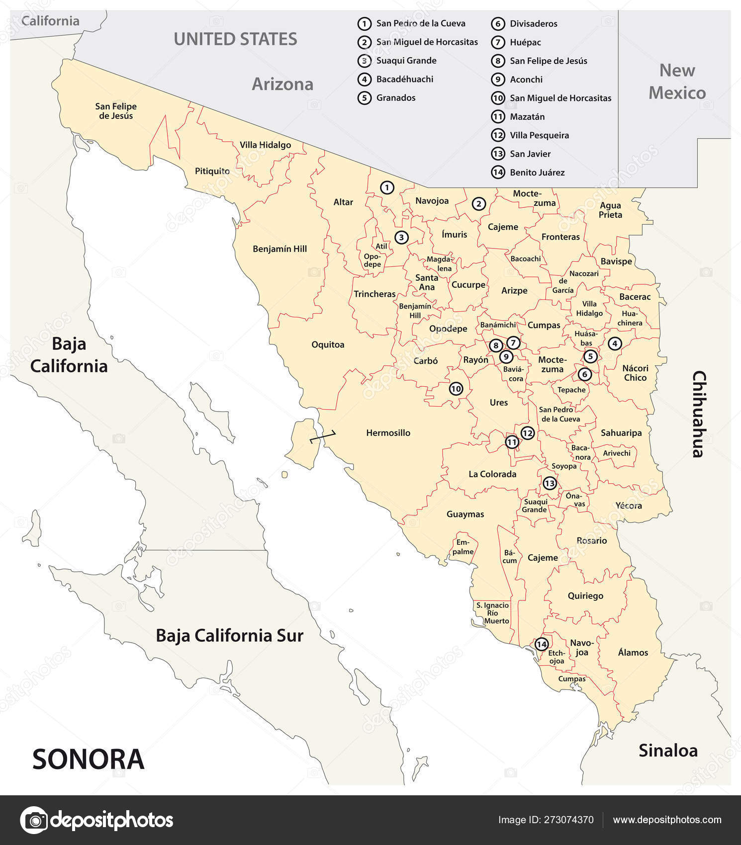 Mapa administrativo y político del estado mexicano de Sonora Vector de ...