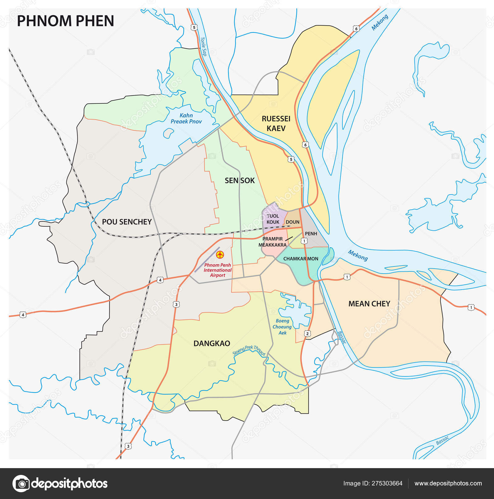 Administrative and road map of the cambodian capital phnom phen Stock ...