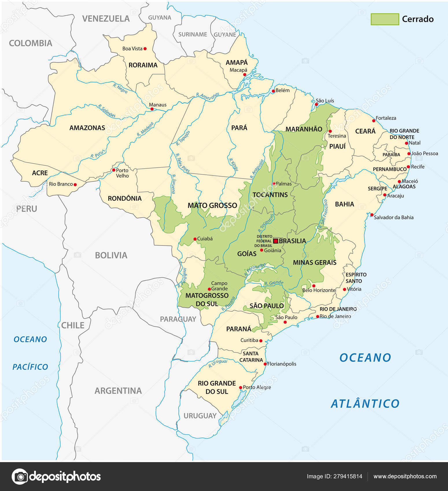 Map of the savanna landscape of Cerrado in Brazil Stock Vector Image by ...