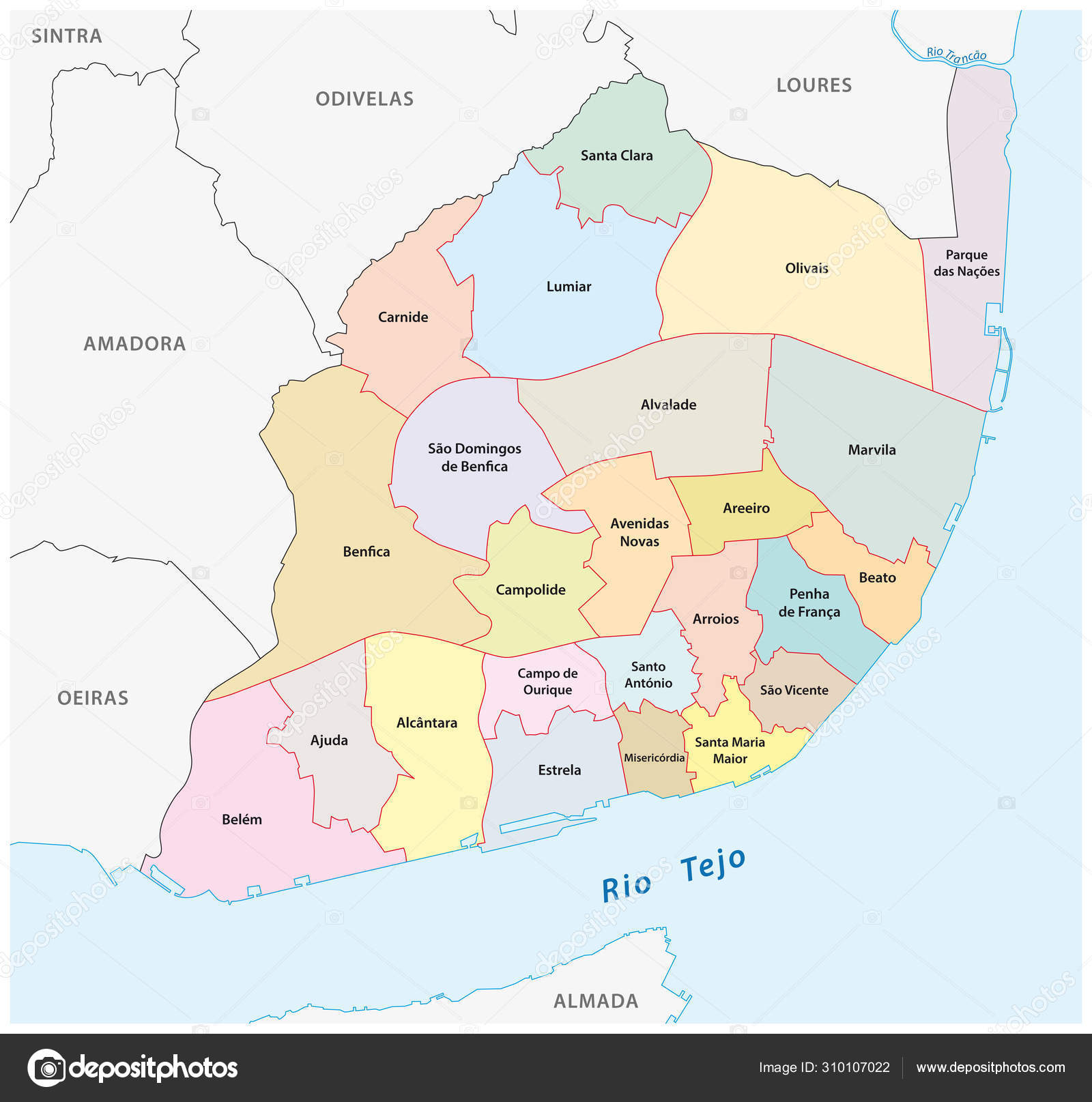 Mapa administrativo de la nueva estructura urbana de Lisboa Vector de ...