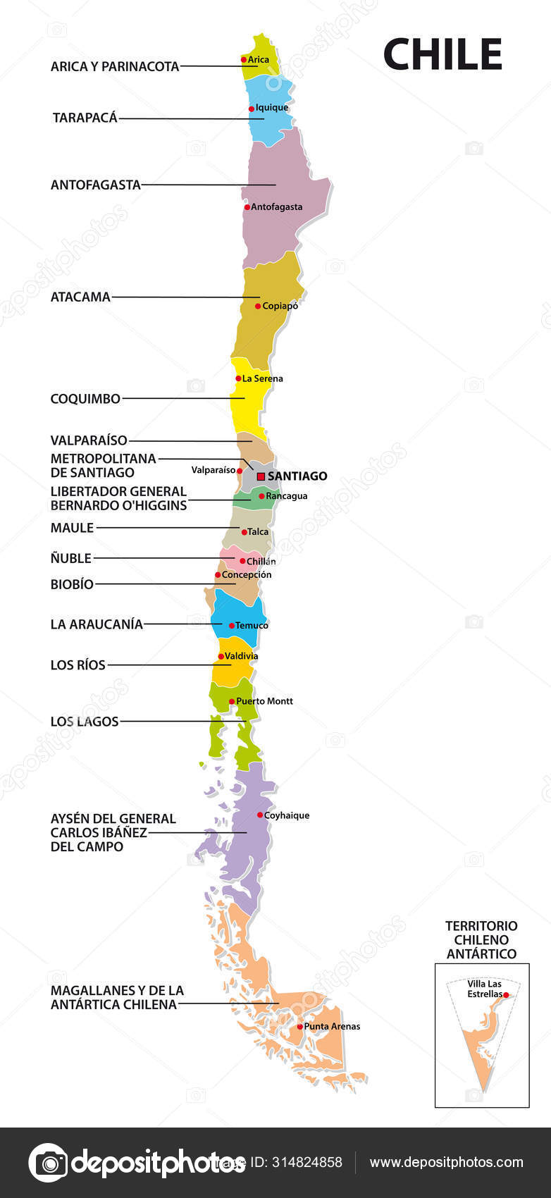 Administrative and political map of the republic of Chile Stock Vector ...
