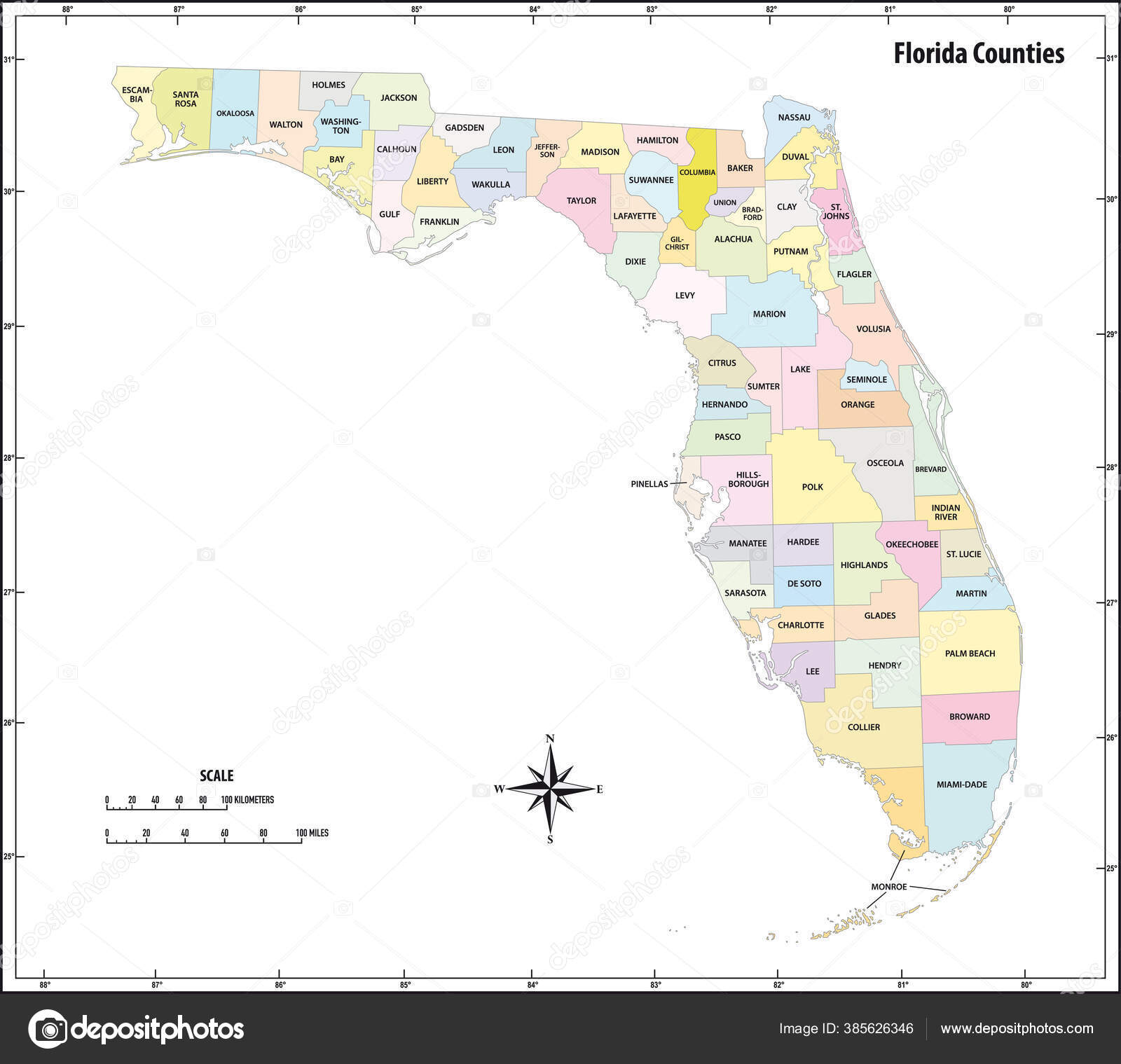 Florida State Outline Administrative Political Map Color Stock Vector ...