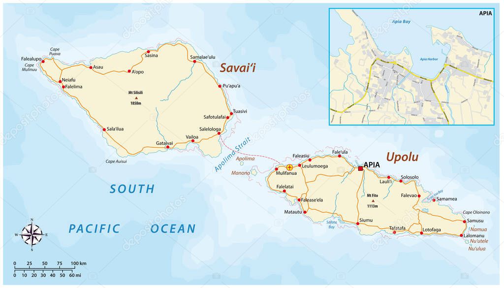 Hoja Ruta Del Vector Samoa Con Mapa Ciudad Apia Vector de Stock de ...