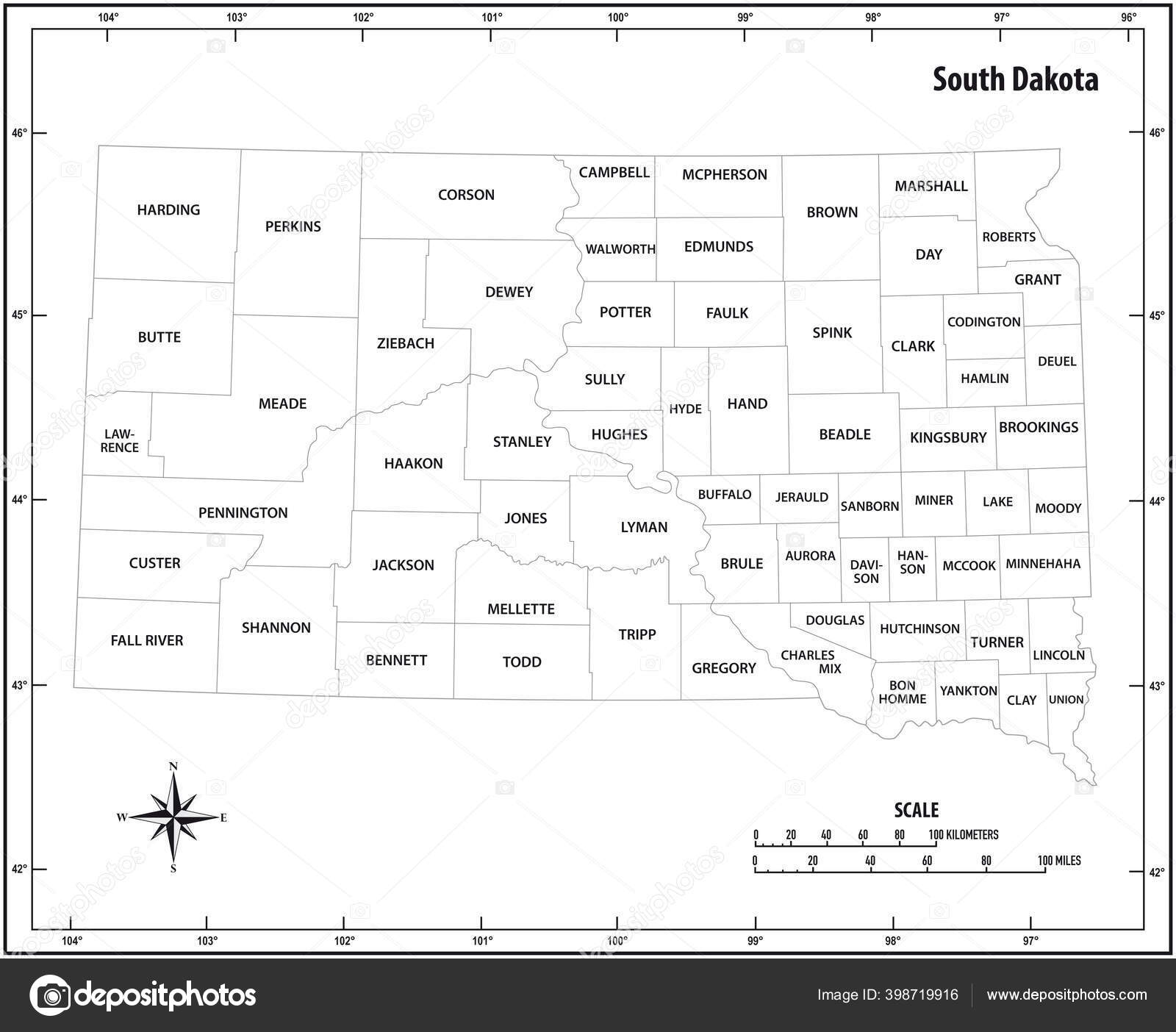 South Dakota State Outline Administrative Political Map Black White ...