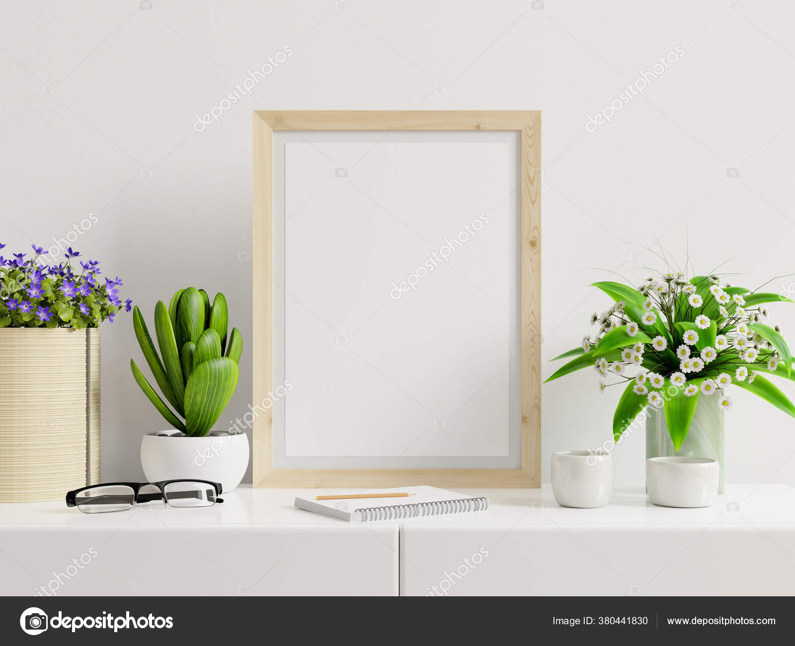 Poster Mockup Vertical Frame Table White Wall Background Rendering ...