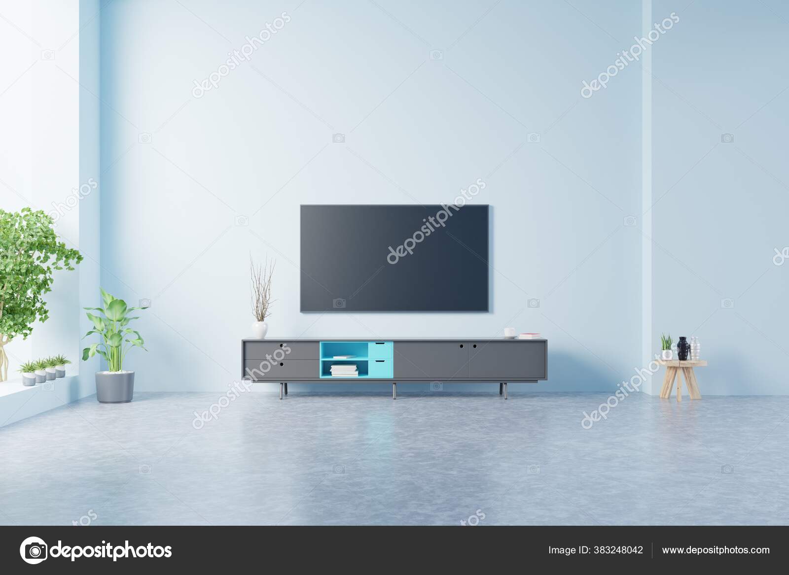 Cabinet Modern Living Room Blue Wall Background Rendering Stock Photo ...