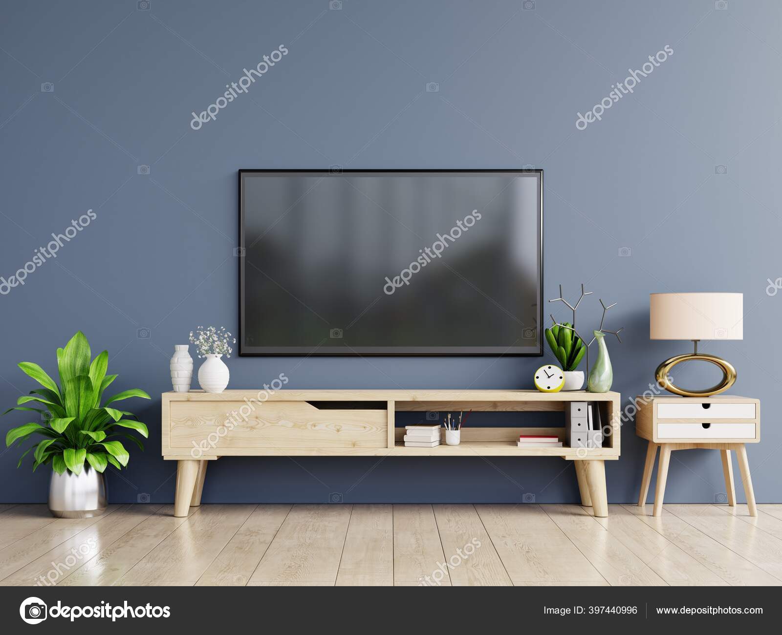 Smart Dark Blue Wall Living Room Minimal Design Rendering — Stock Photo ...