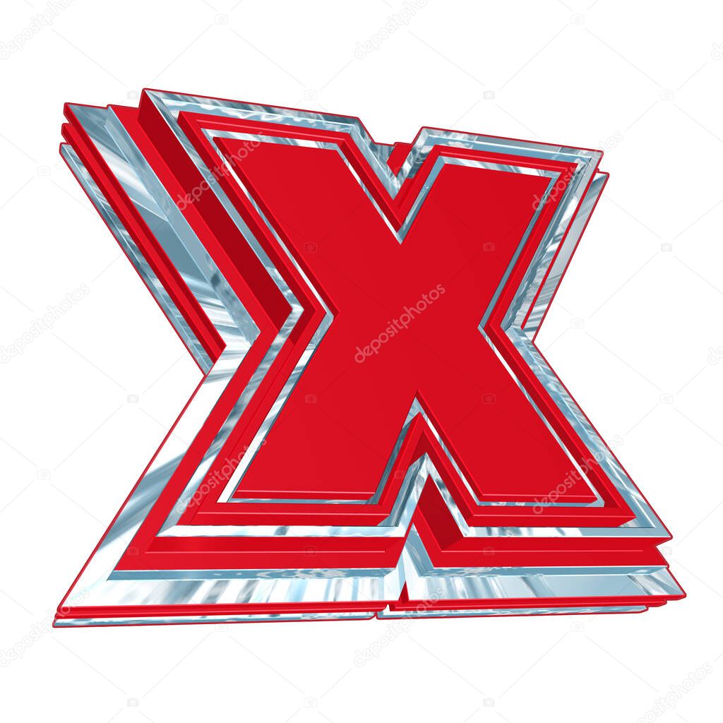 Símbolo X rojo en texto 3D con diseño reflectante aislado en blanco 2023