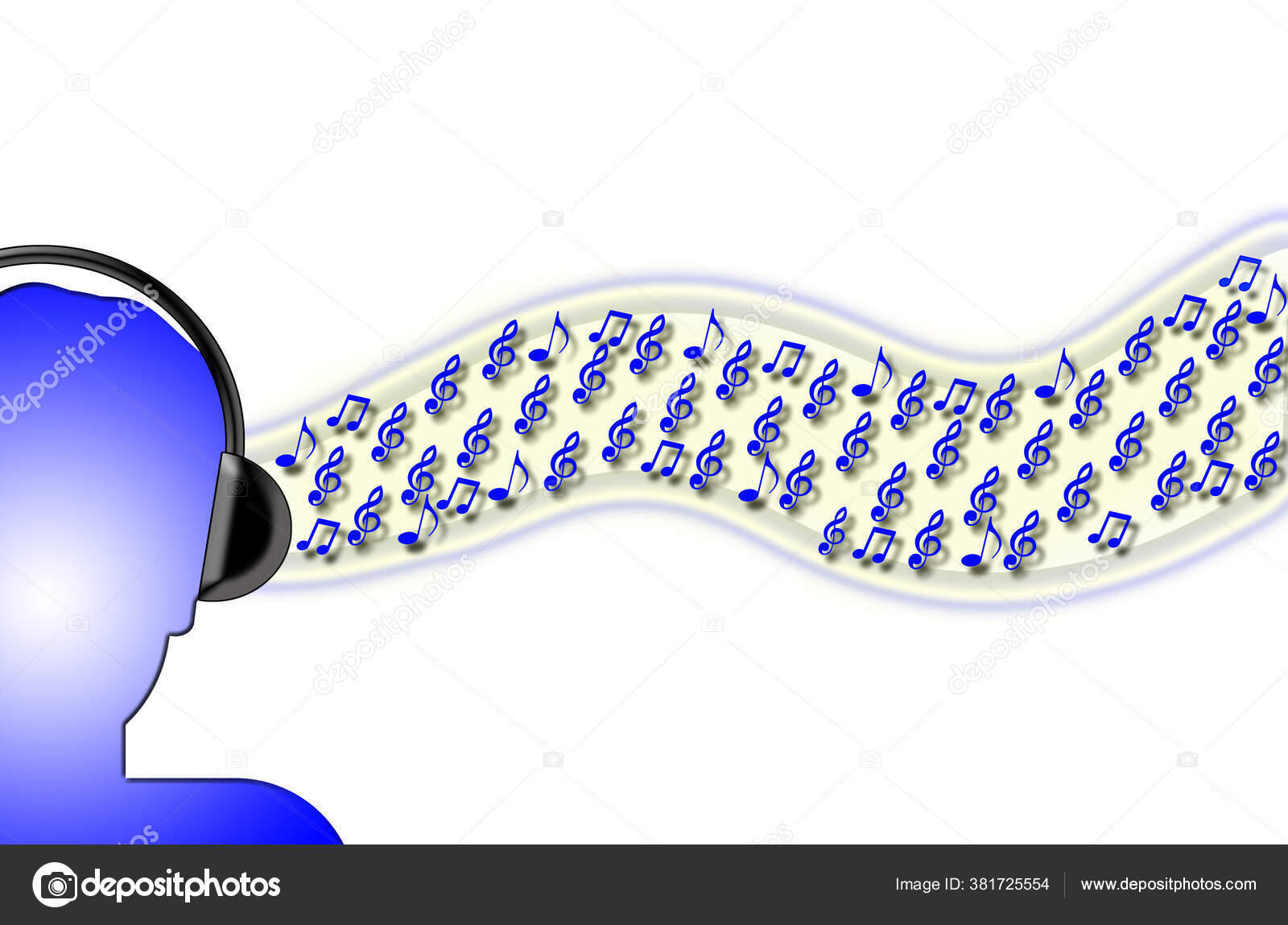 Stream Music Notes Silhouette Stereo Headphones Man's Head White ...