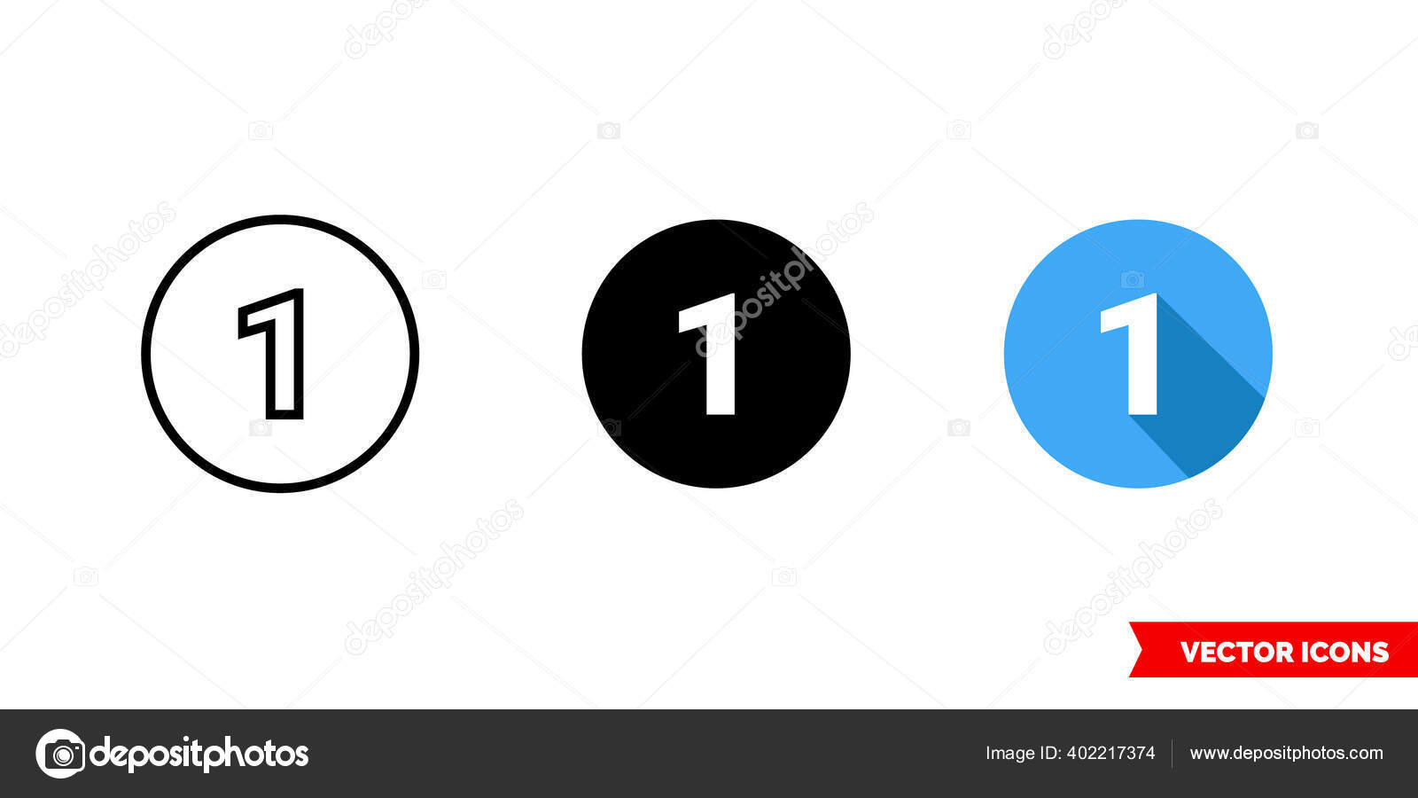 1 symbol icon of 3 types color, black and white, outline. Isolated ...