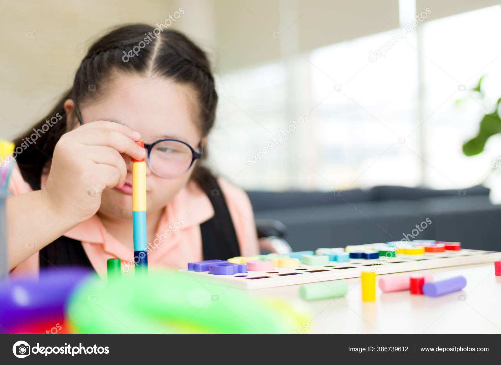 Autistic Cute Girl Learning Development Connecting Color Sticks ...