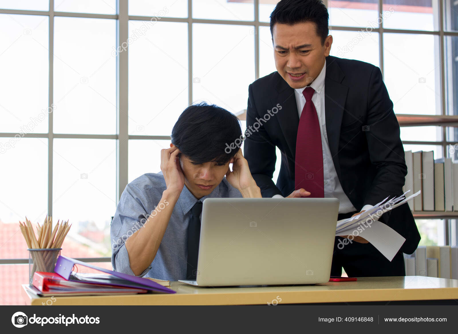 Angry Managers Yelling Male Sad Depressed Employee Because Made Working ...