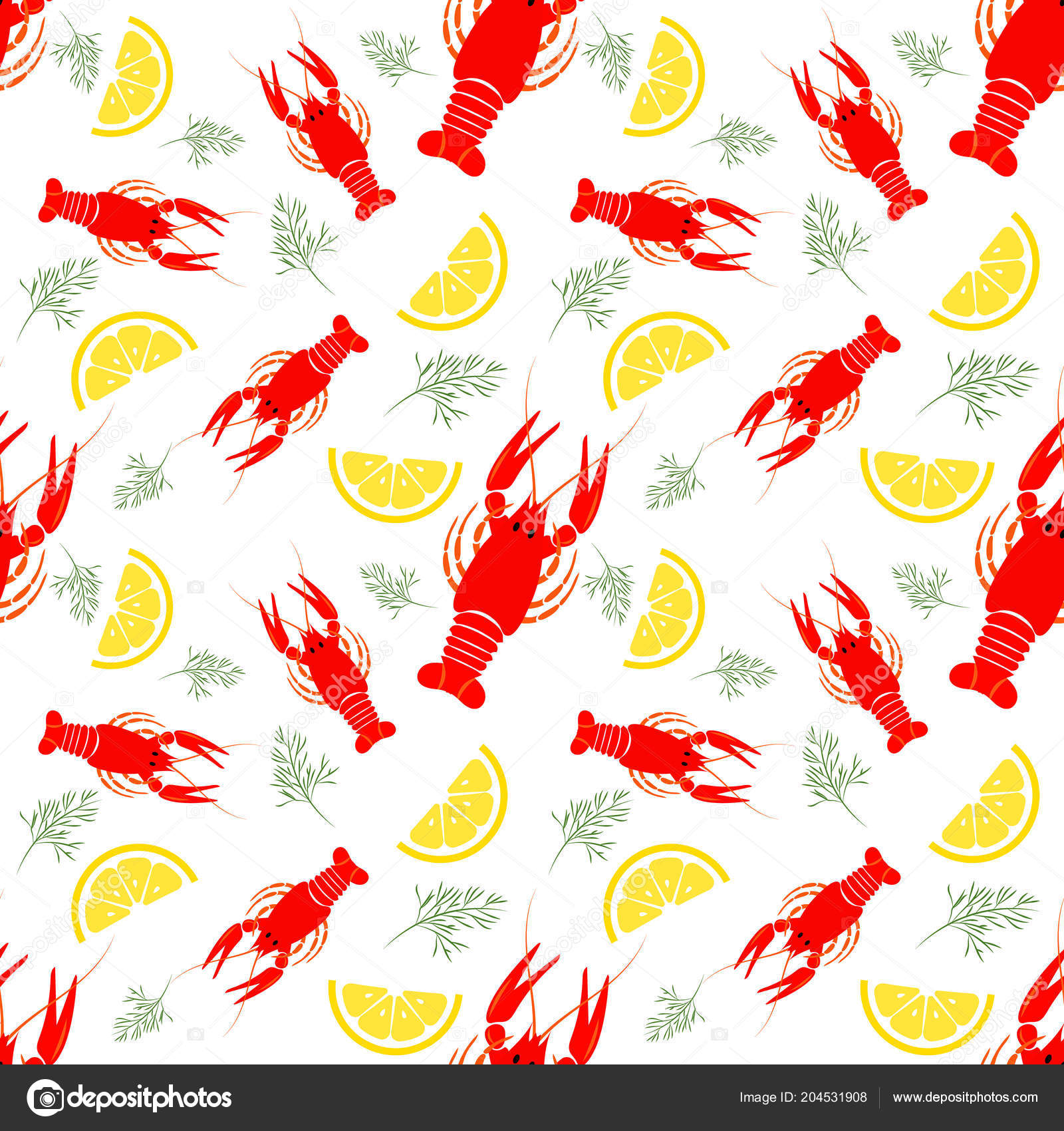 Seamless seafood pattern with boiled crayfish, lemon and dill. Crayfish ...