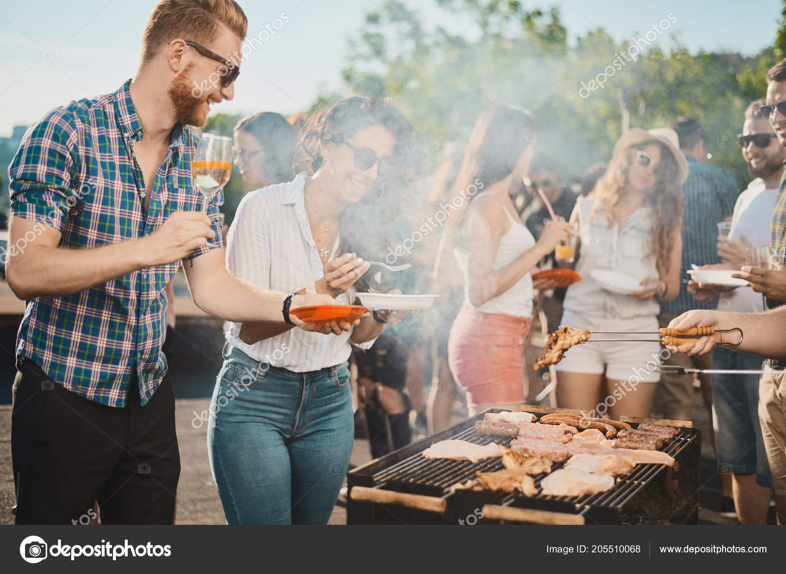 Group People Standing Grill Chatting Drinking Eating Stock Photo by ...