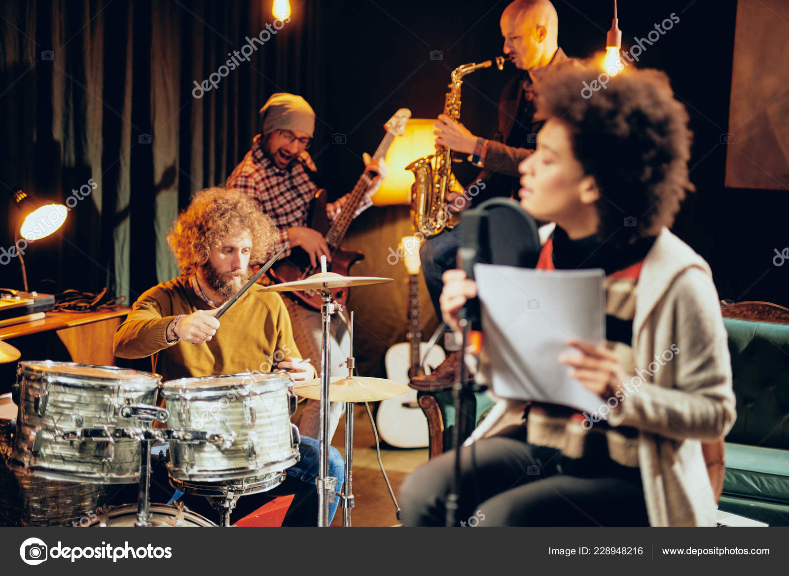 Mixed Race Woman Singing Background Band Playing Instruments Home ...