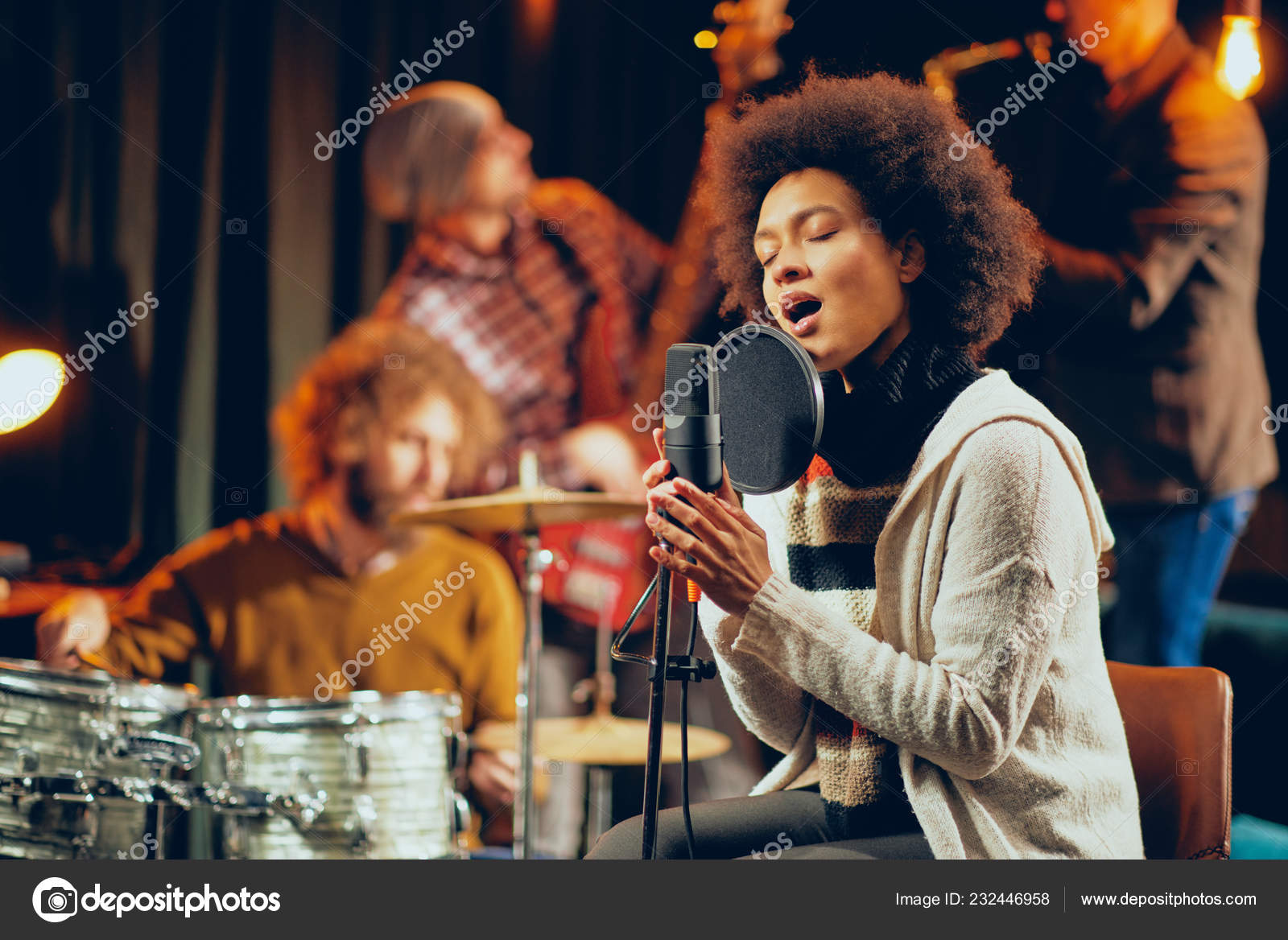 Mixed Race Woman Singing Background Band Playing Instruments Home ...