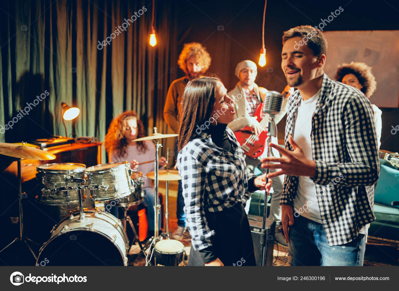 Singers Practicing Duet Background Band Playing Home Studio Interior ...