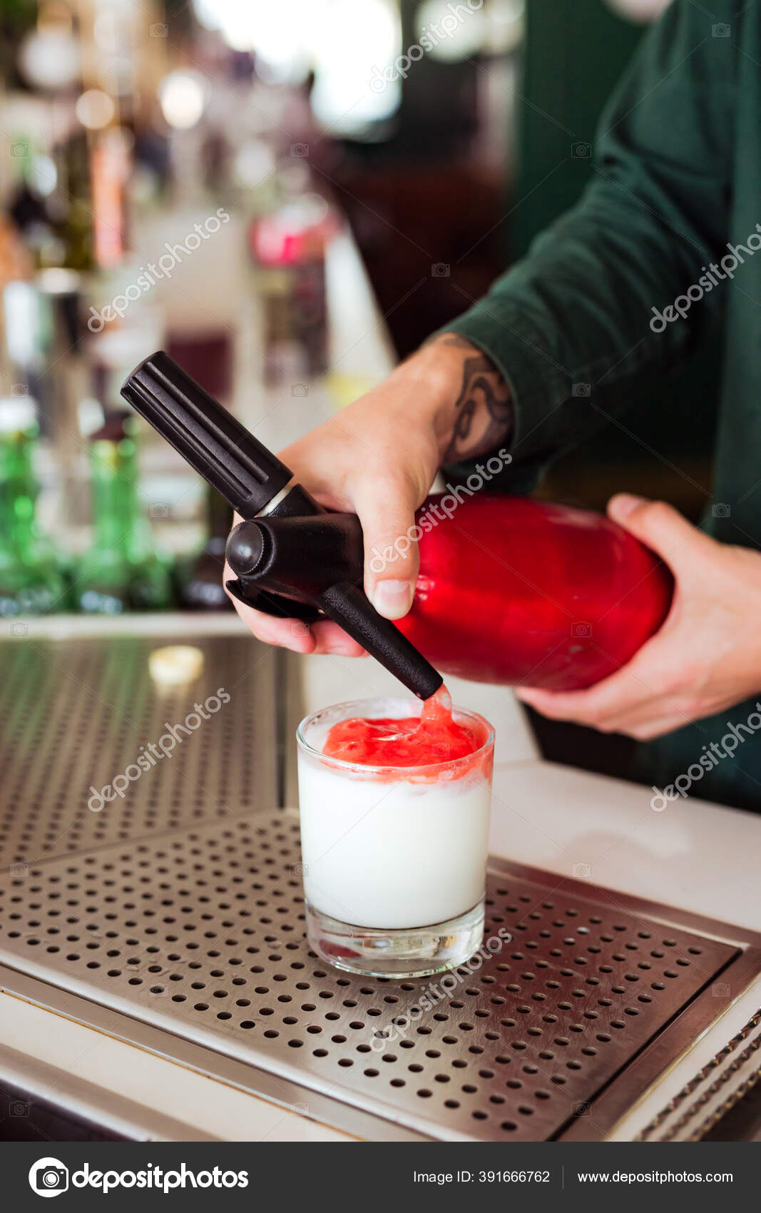 Bartender Making Cocktail Bar Adding Strawberry Foam Drink Using Siphon