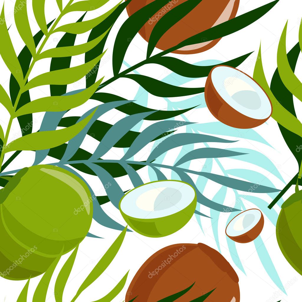 Patrón inconsútil de color de frutas exóticas con hojas de coco y palma ...