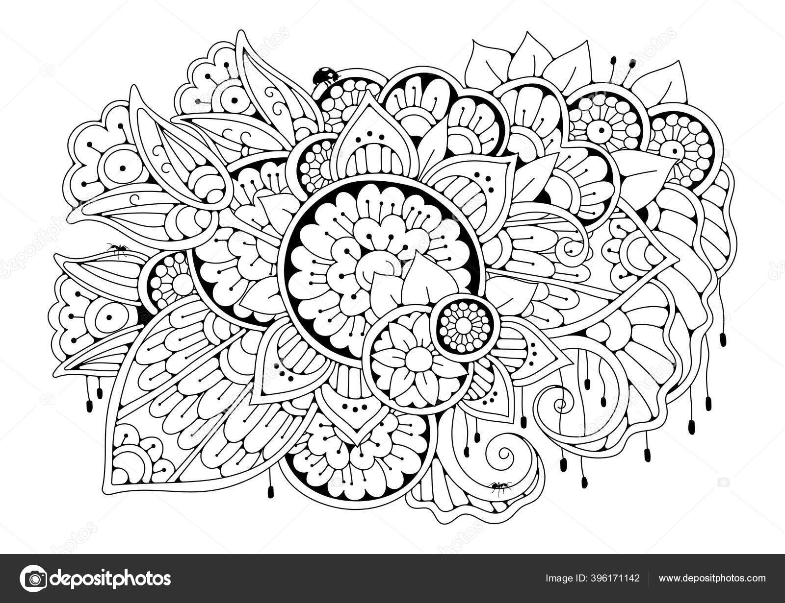 Hand Drawn Backdrop Coloring Book Page Adult Older Children Black Stock ...