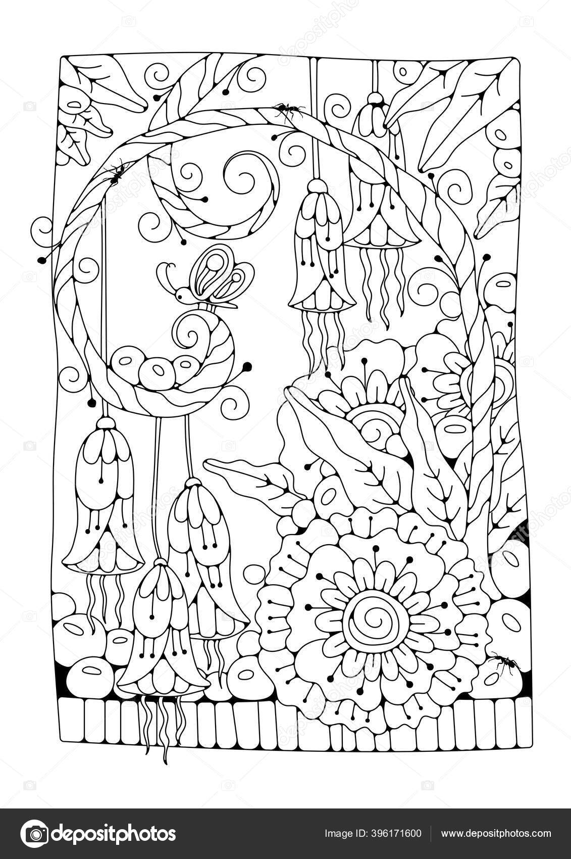 Hand Drawn Backdrop Coloring Book Page Adult Older Children Black Stock ...