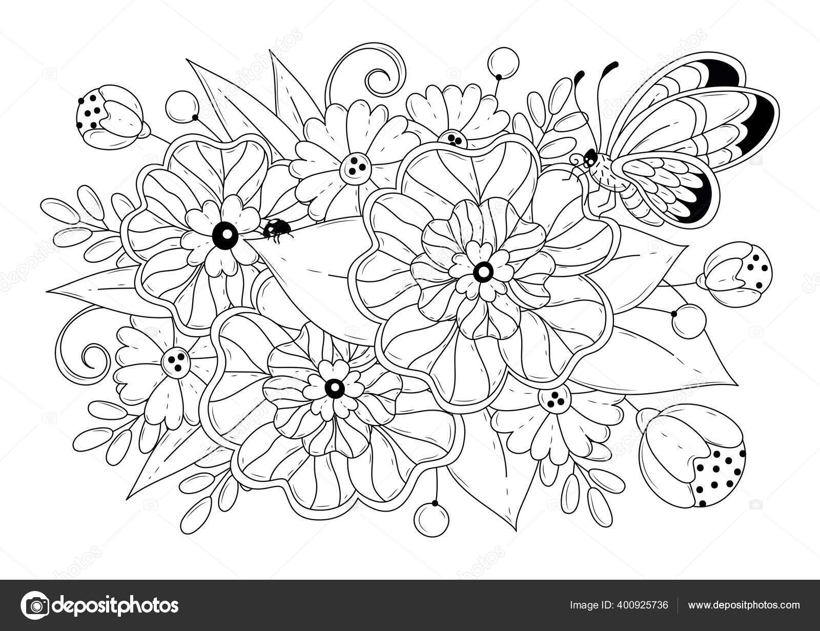 Horizontal Coloring Page Children Adults Floral Black White Background ...