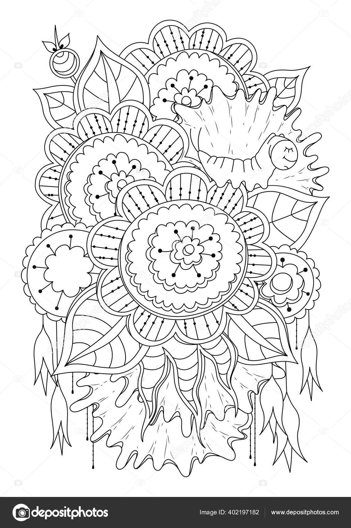 Horizontal Coloring Page Children Adults Vector Illustration Flowers ...