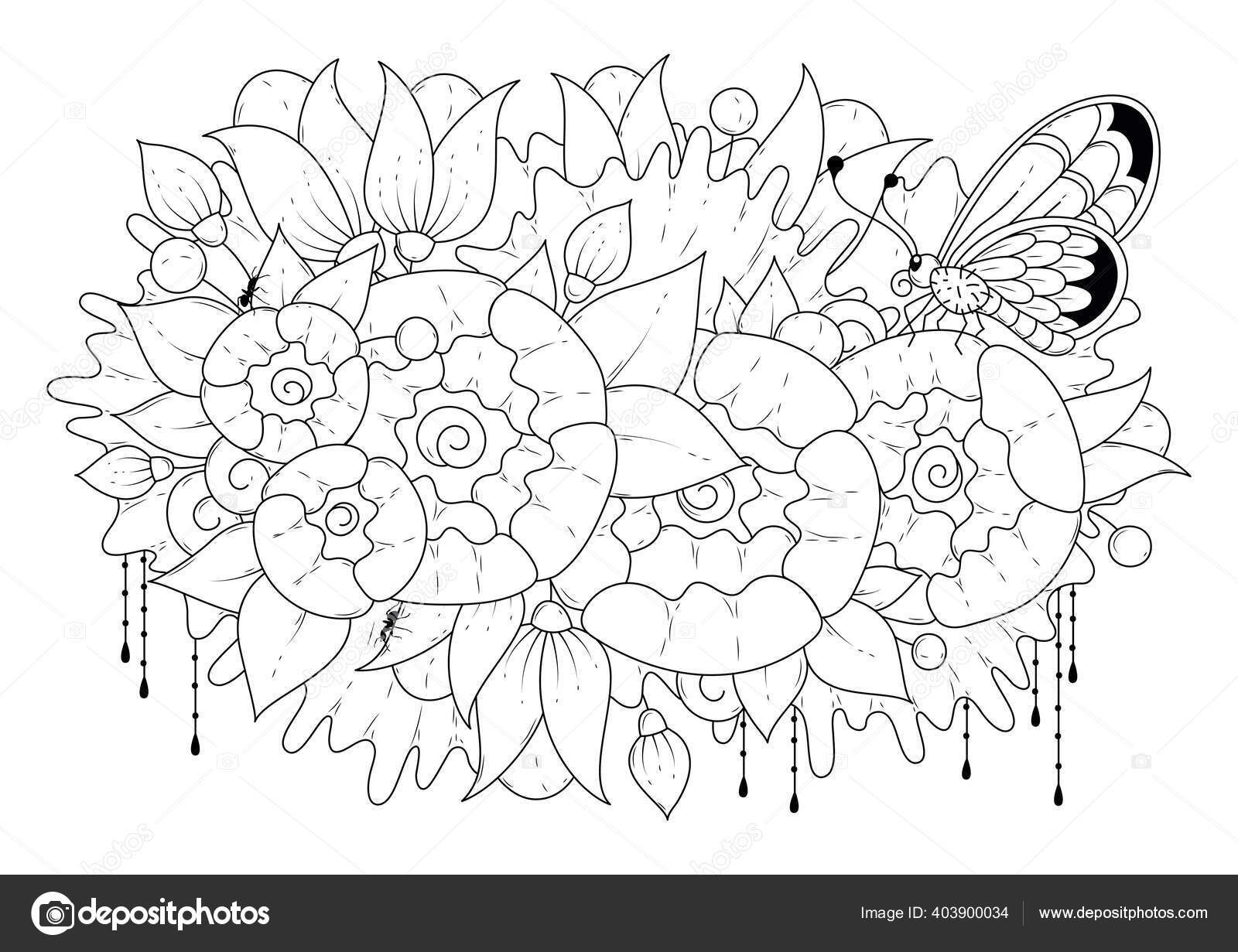 Horizontal Coloring Page Flowers Butterfly Ants Vector Illustration ...