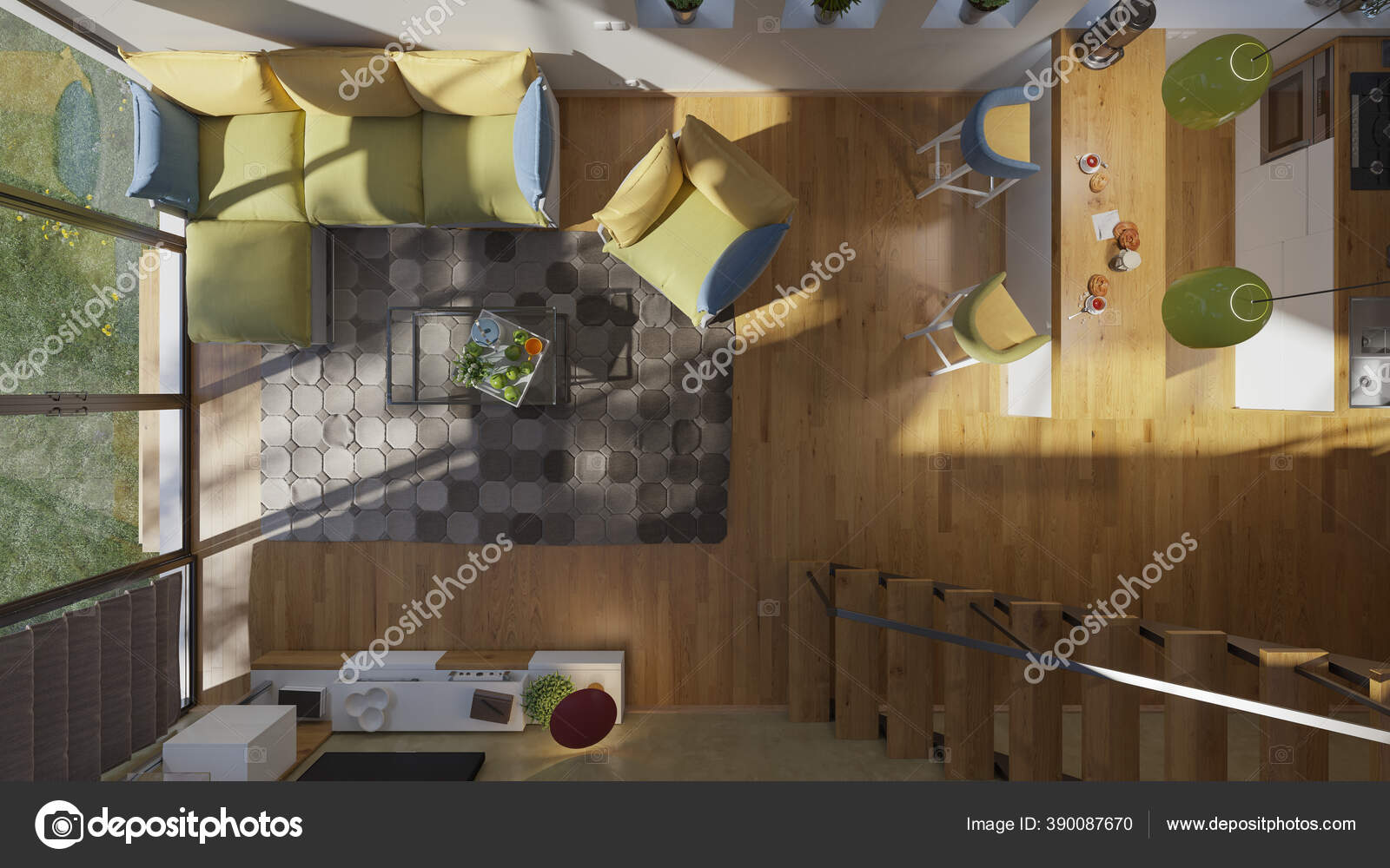 Top View Open Plan Lounge Kitchen Furniture Natural Daylight Stock ...