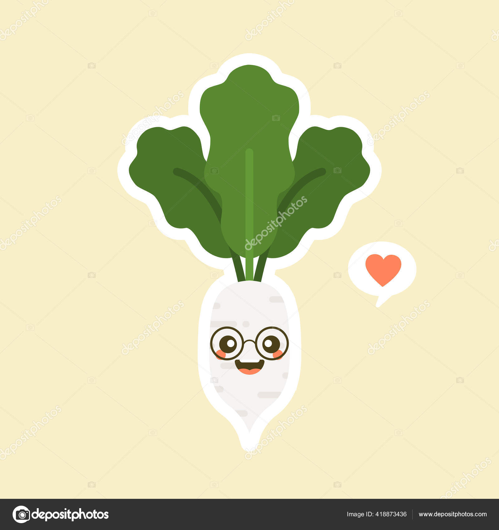 Cute Kawaii White Radish Character Healthy Happy Organic Vegetable ...