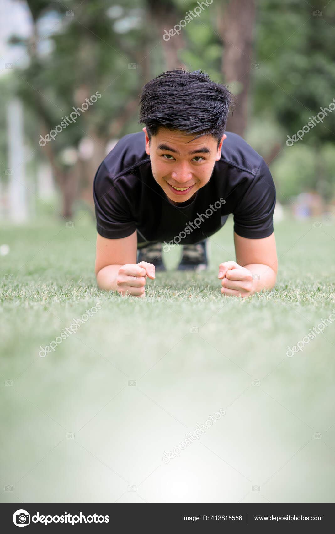 Young Man Planking Exercise Glass Field Park — Stock Photo © PhaiApirom ...