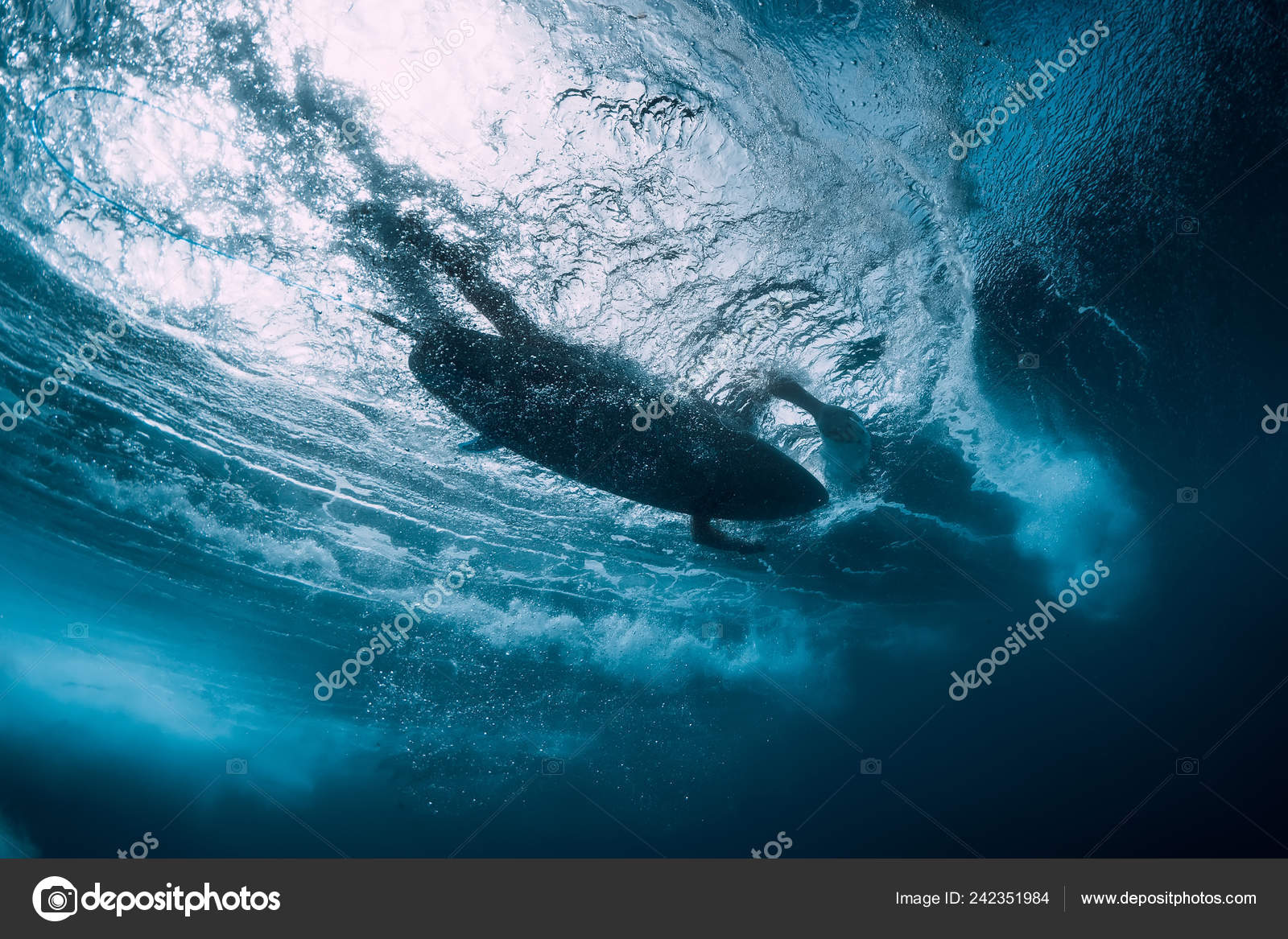 Surfer Surfboard Swim Blue Ocean Underwater View — Stock Photo © Keola ...