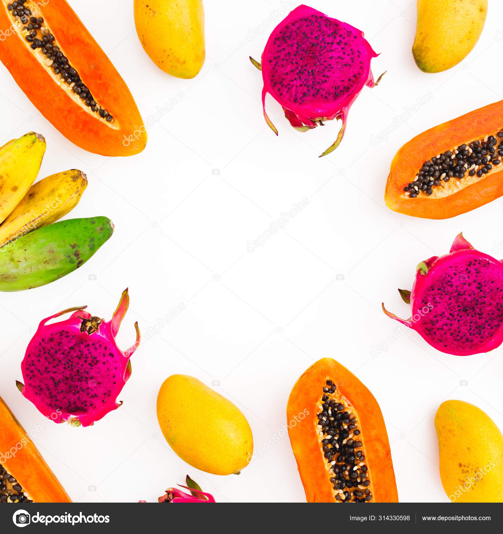 Fruits frame with banana, papaya, yellow mango and dragon fruits Stock ...
