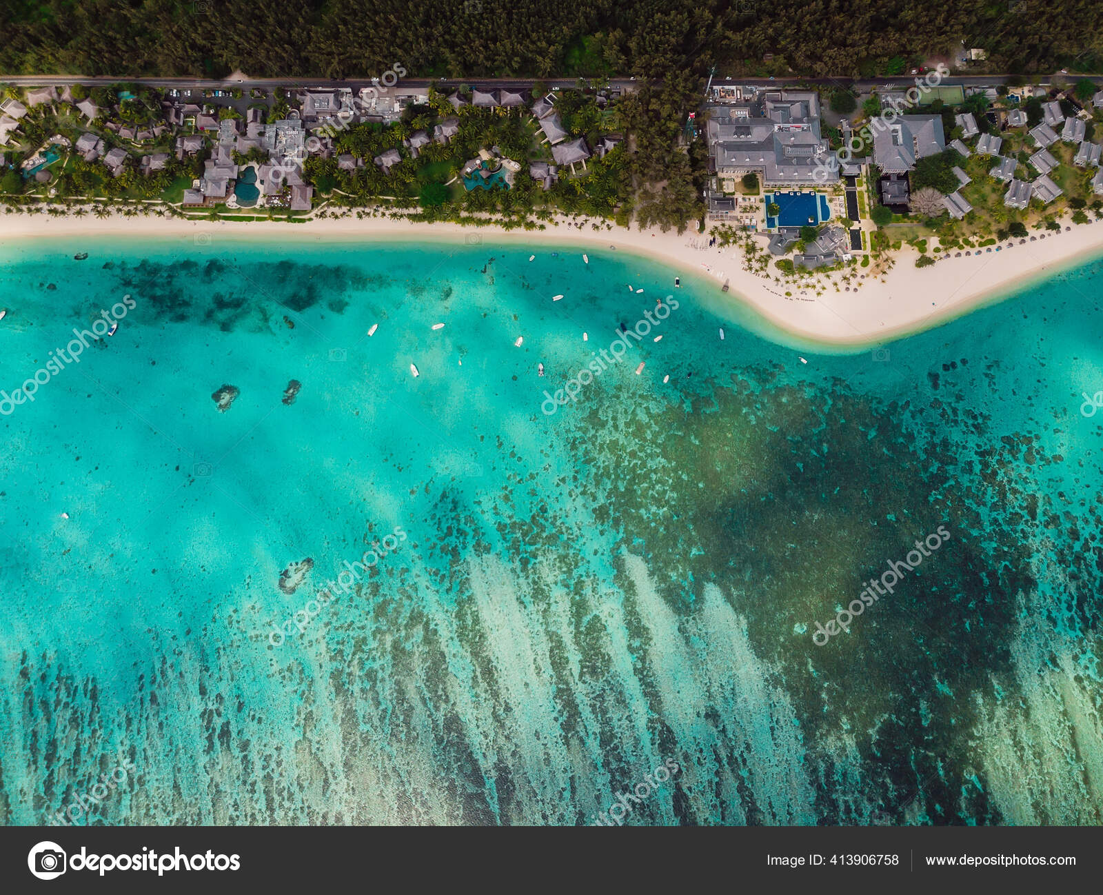 Playa Lujo Con Resorts Palmeras Océano Azul Mauricio Vista Aérea — Foto ...