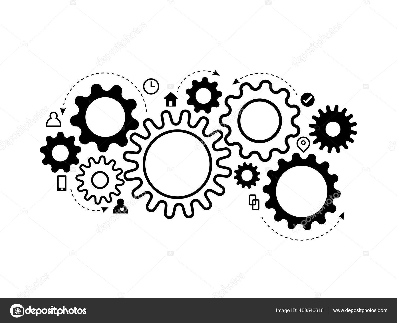 Black White Connected Wheel Gears Icons Strategy Network Digital ...