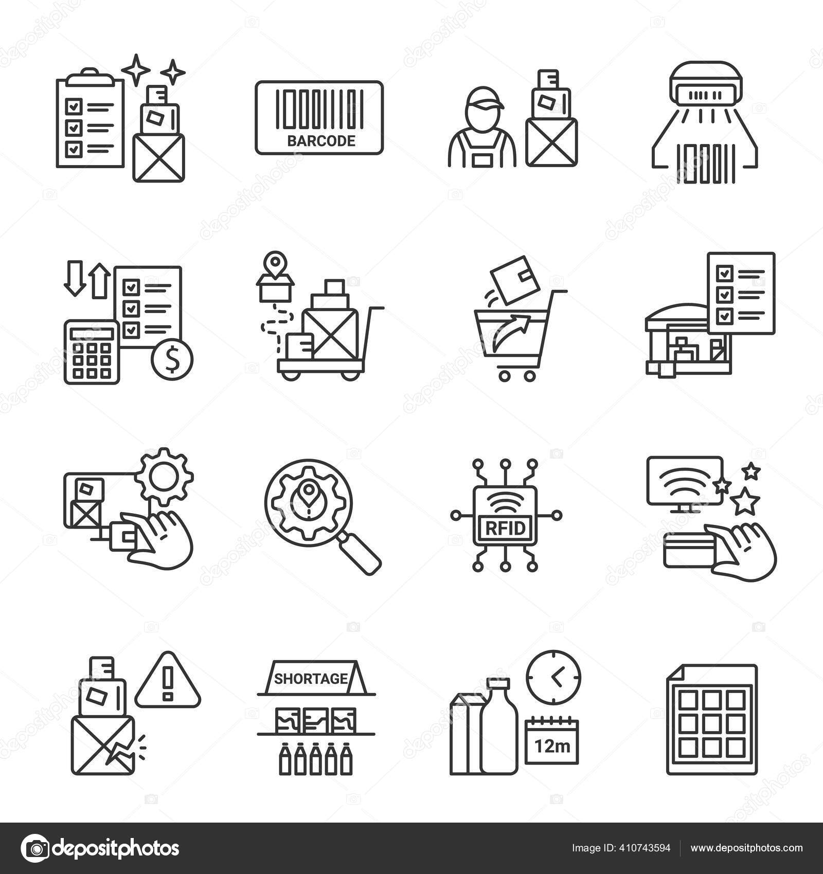 Inventory tracking management icons set.Storage control.Editable ...