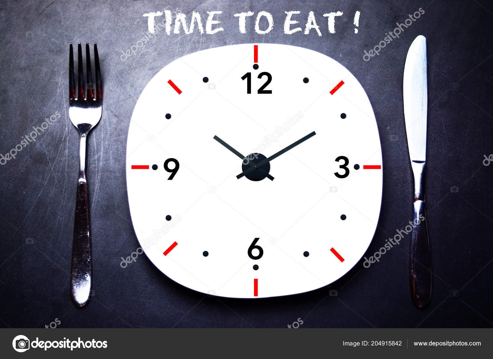 Time Eat Concept Fork Knife White Plate Dark Background Stock Photo by ...