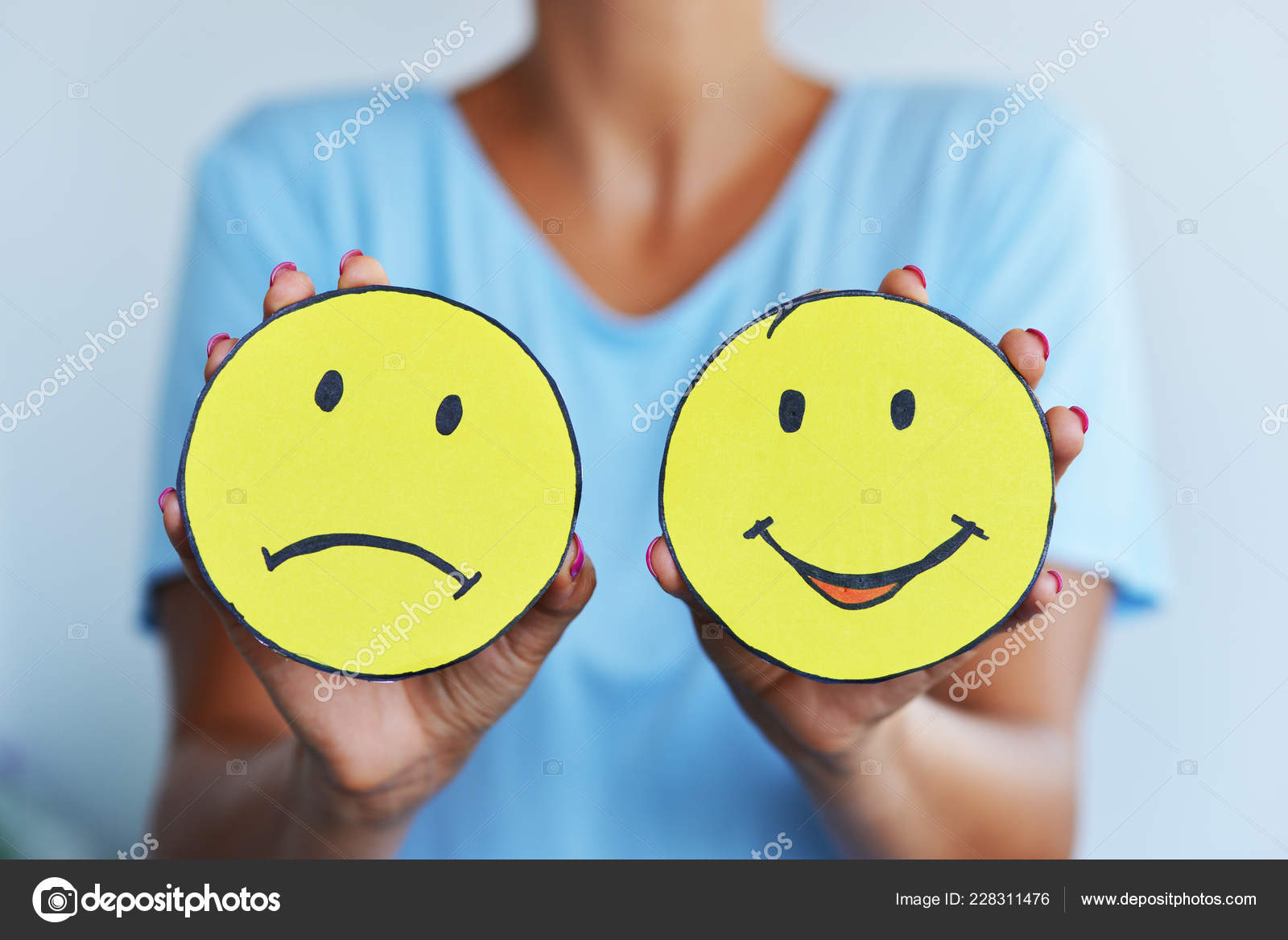 Happy Face Sad Face Two Symbols Emotions Feelings Woman Hands — Stock ...