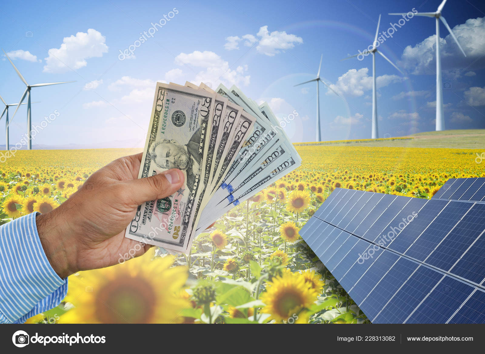 Saving Money Using Green Energy Photovoltaic Solar Panels Wind Turbines ...