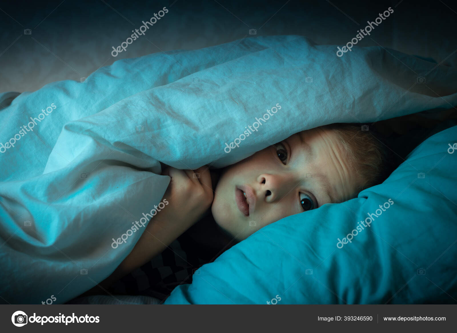Boy Bed His Eyes Open Child Afraid Dark Tormented Nightmares — Stock ...