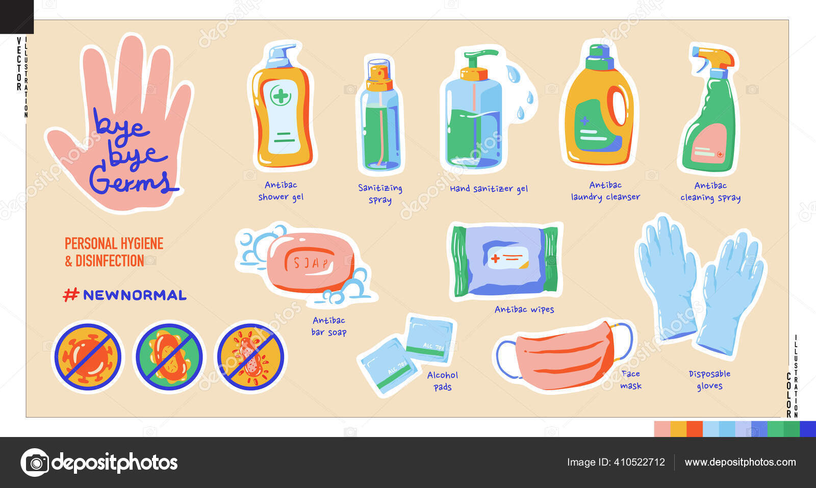 Bye Bye Germs Sticker Set Vector Illustration Personal Hygiene ...
